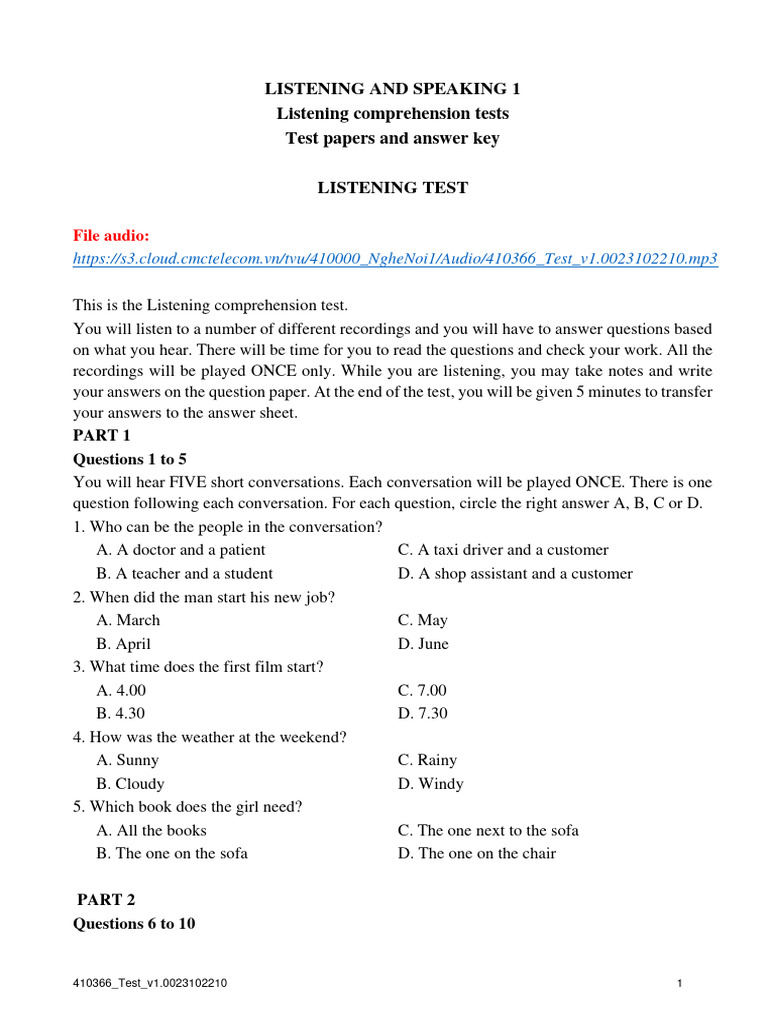 Listening and Speaking 1 Listening Comprehension Tests Test Papers and ...