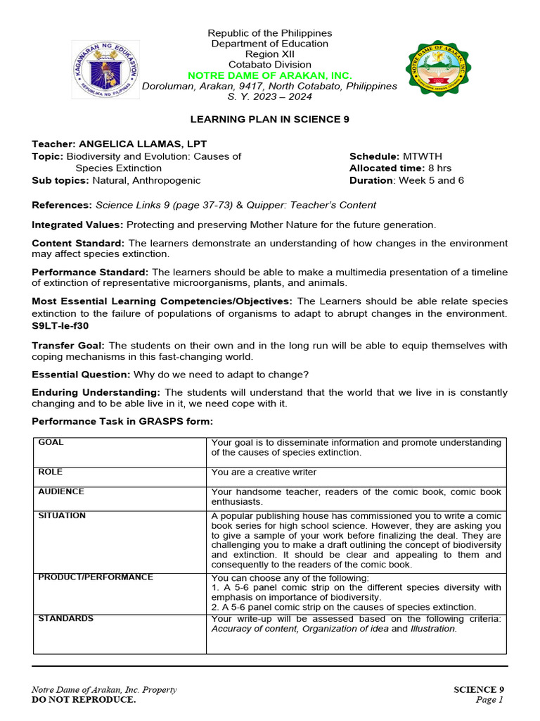 Grade 9 Q1 Week 5 and 6 (Ready) | PDF | Biodiversity | Extinction