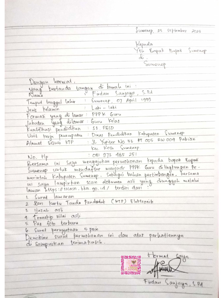 Surat Lamaran Firdan | PDF