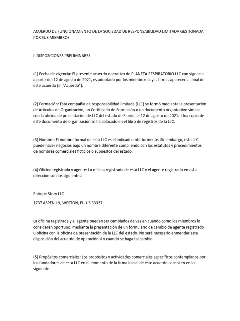 Acuerdo de Funcionamiento de La Sociedad de Responsabilidad Limitada Gestionada Por Sus Miembros ...