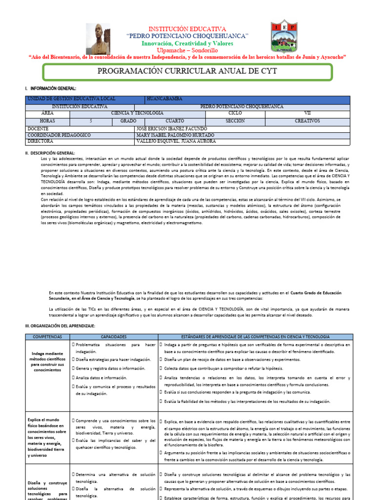 Programacion Anual Cyt. 4 ° | PDF | Aprendizaje | Biología Celular)