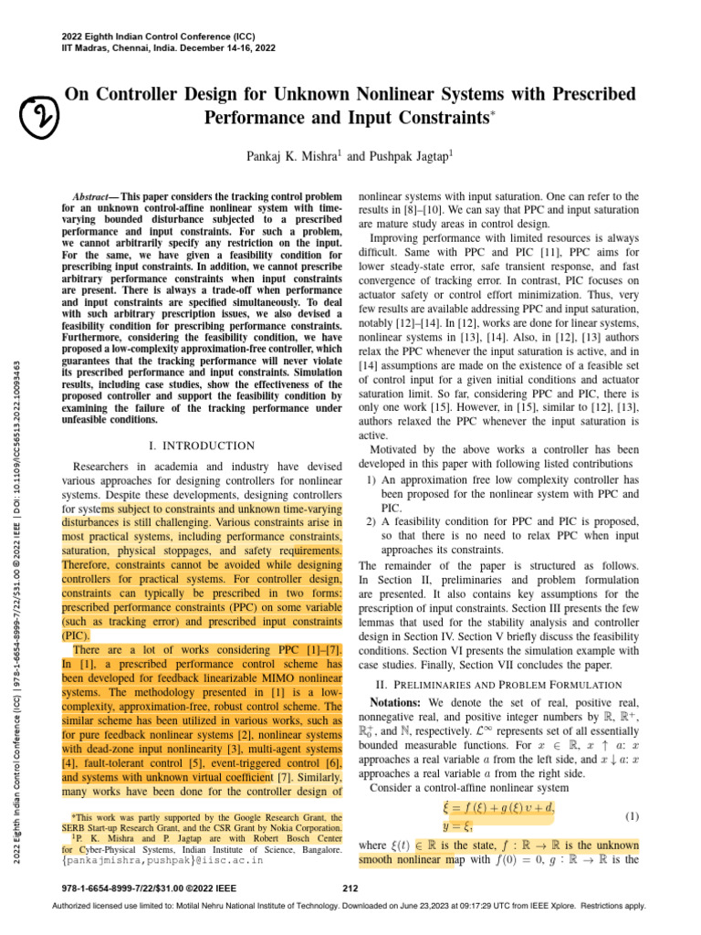 On Controller Design For Unknown Nonlinear Systems With Prescribed Performance and Input ...