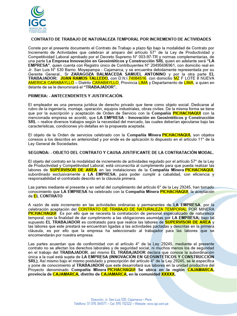 Contrato de Trabajo de Naturaleza Temporal Por Incremento de Actividades | PDF | Derecho laboral ...