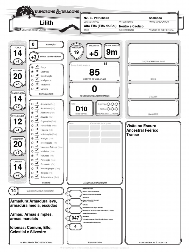 Ficha Oficial D&D 5E - Lilith | PDF | Arco e flecha