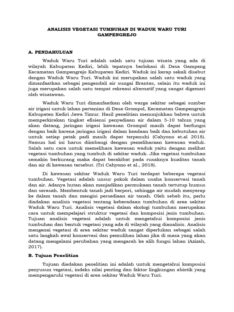 Analisis Vegetasi Tumbuhan Di Waduk Waru Turi Gampengrejo | PDF