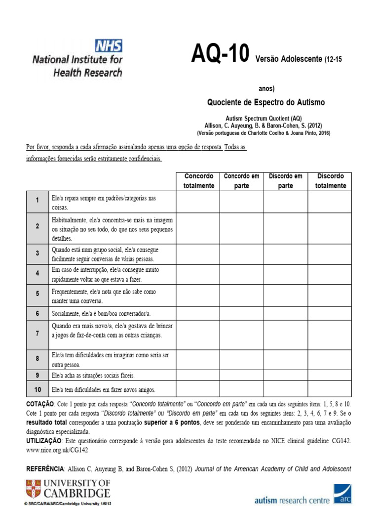Teste AQ-10 para Adolescentes sobre Autismo | PDF