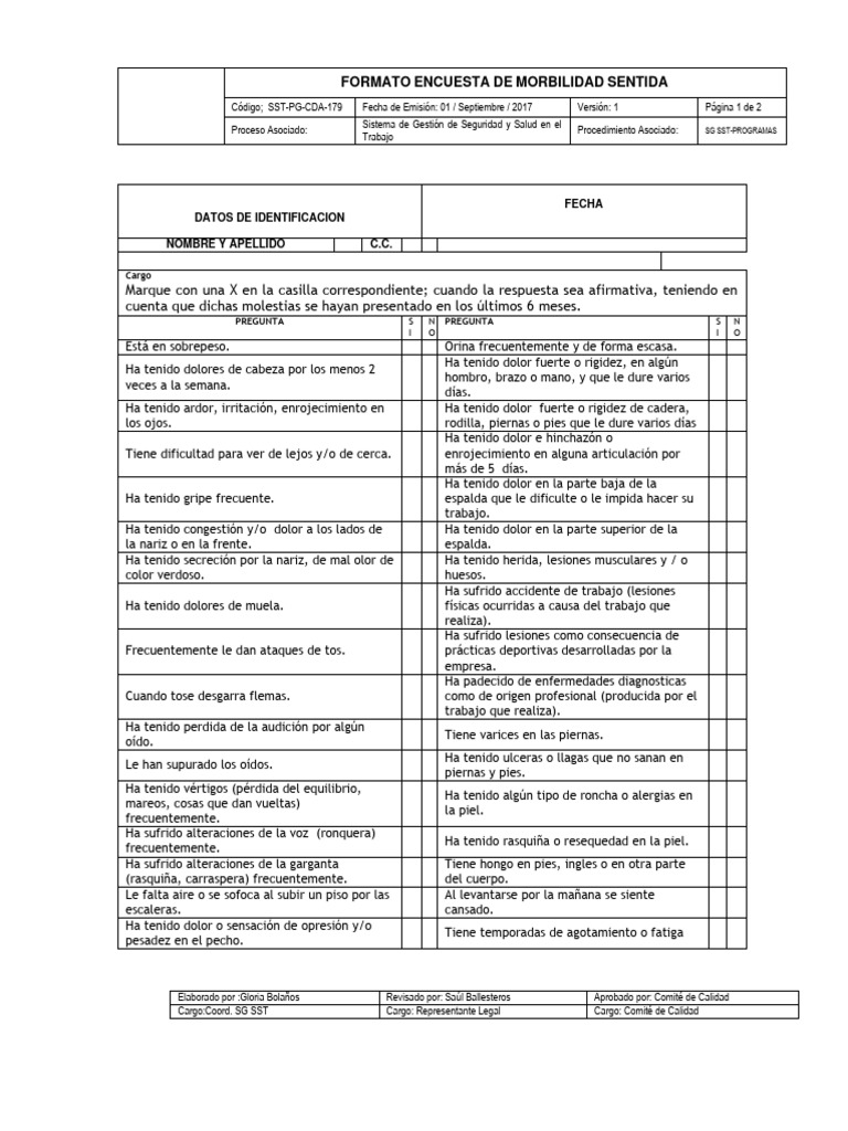 Formato Encuesta de Morbilidad Sentida | PDF | Enfermedades y ...