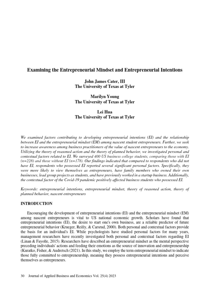 2f - Examining Entrepreneural Mindset & Intentions | PDF ...