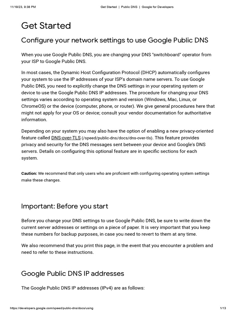 Get Started - Public DNS - Google For Developers | PDF | Domain Name System | I Pv6
