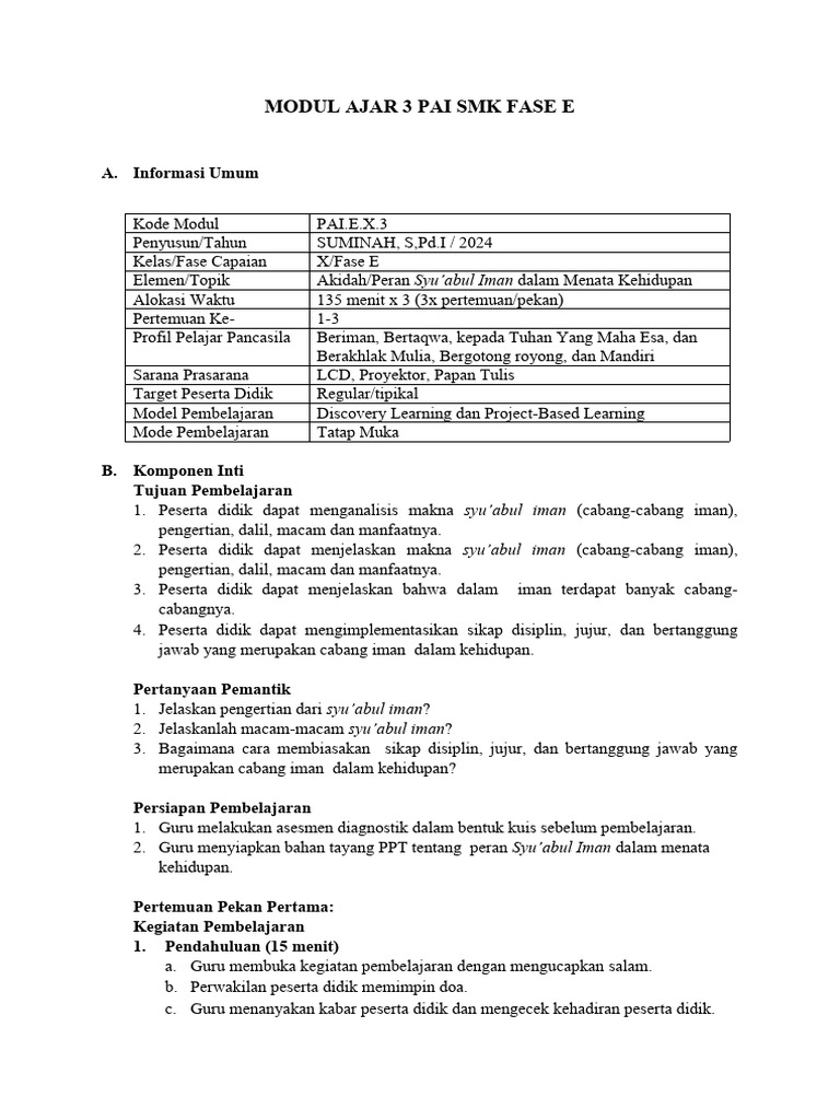 MODUL AJAR 3 PAI SMK KELAS X BAB 3 - Oke-Fin | PDF