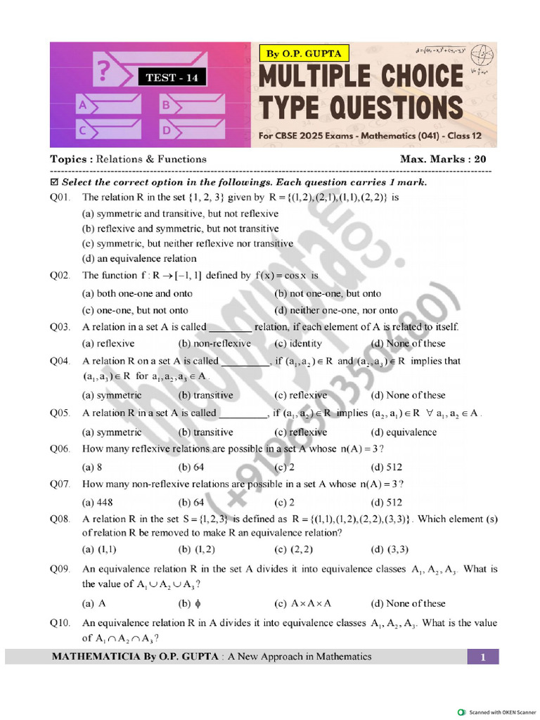 14 MCQ - Relations & Functions | PDF
