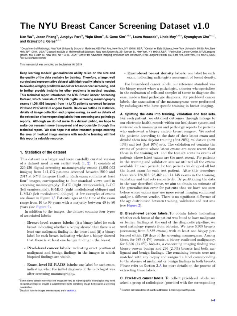 NYU Breast Cancer Dataset | PDF | Mammography | Biopsy