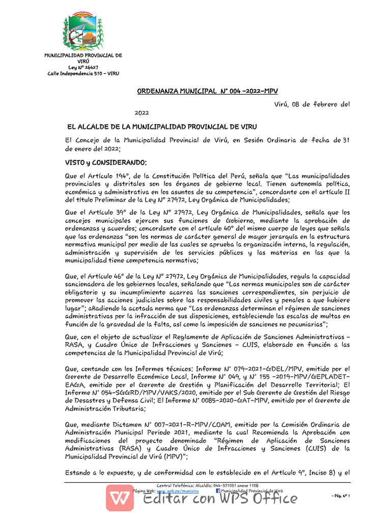 O.M.004 .2022.mpv | PDF | Multa (pena) | Gobierno local