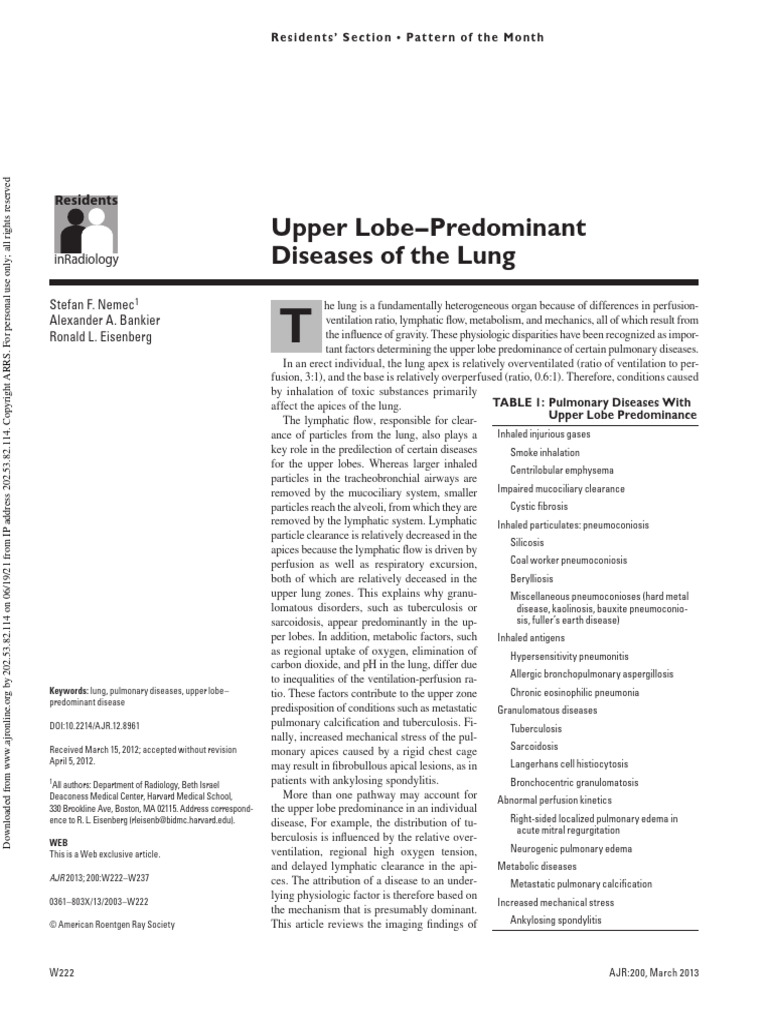 Upper Lobe Predominant Lung Diseases | PDF | Lung | Respiratory Tract