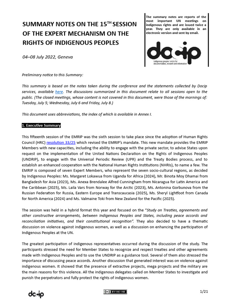 Summary Notes EMRIP 15th Session - EN | PDF | Indigenous Australians ...
