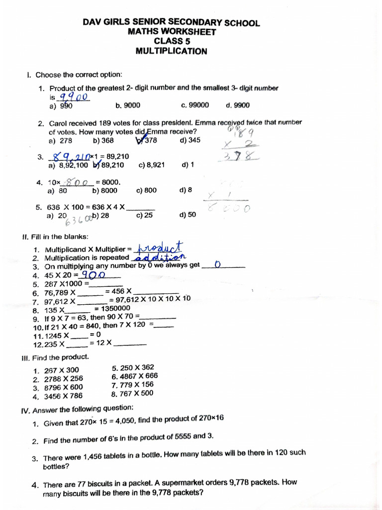 Dav Girls Math Multiplication Worksheet | PDF