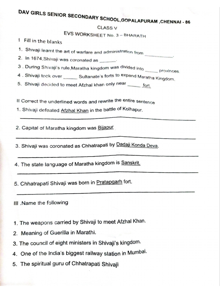 Dav Girls Evs Bharat Worksheet | PDF