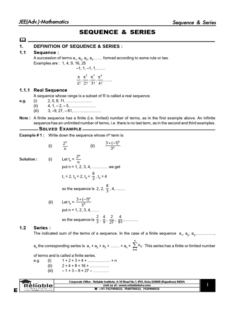 JEE (Adv.) - Mathematics Sequence & Series | PDF | Sequence | Mathematical Structures