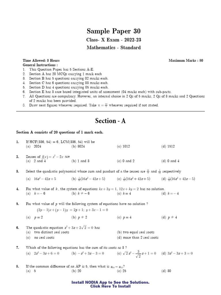 MA Sample Paper 30 Unsolved-4 | PDF | Circle | Equations