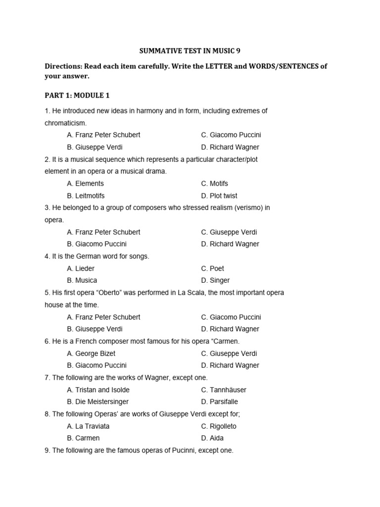 Summative Test in Music 9 - Q4 | PDF | Opera | Giacomo Puccini