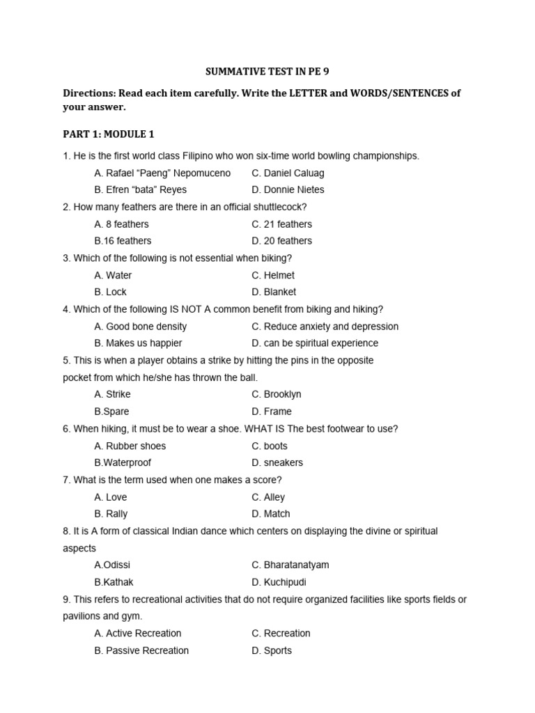PE 9 Summative Test: Sports & Recreation | PDF | Dances