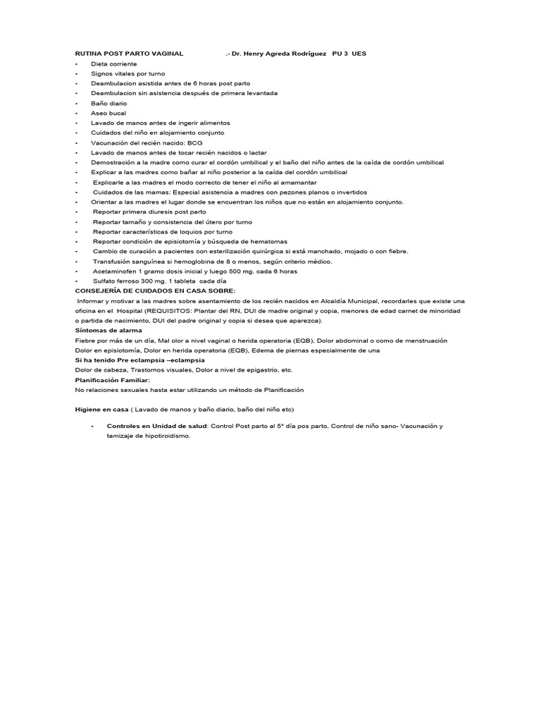 Rutina Post Parto: Cuidados y Consejos | PDF | Parto | Medicina CLINICA