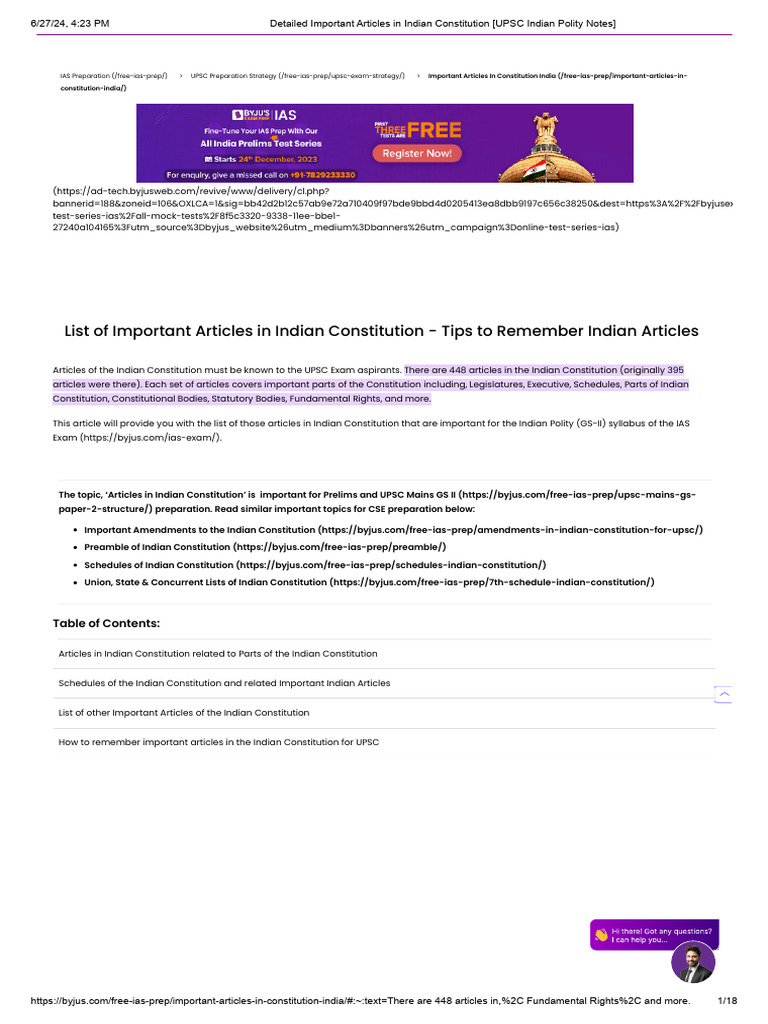 Key Articles of Indian Constitution for UPSC | PDF | Justice | Crime ...