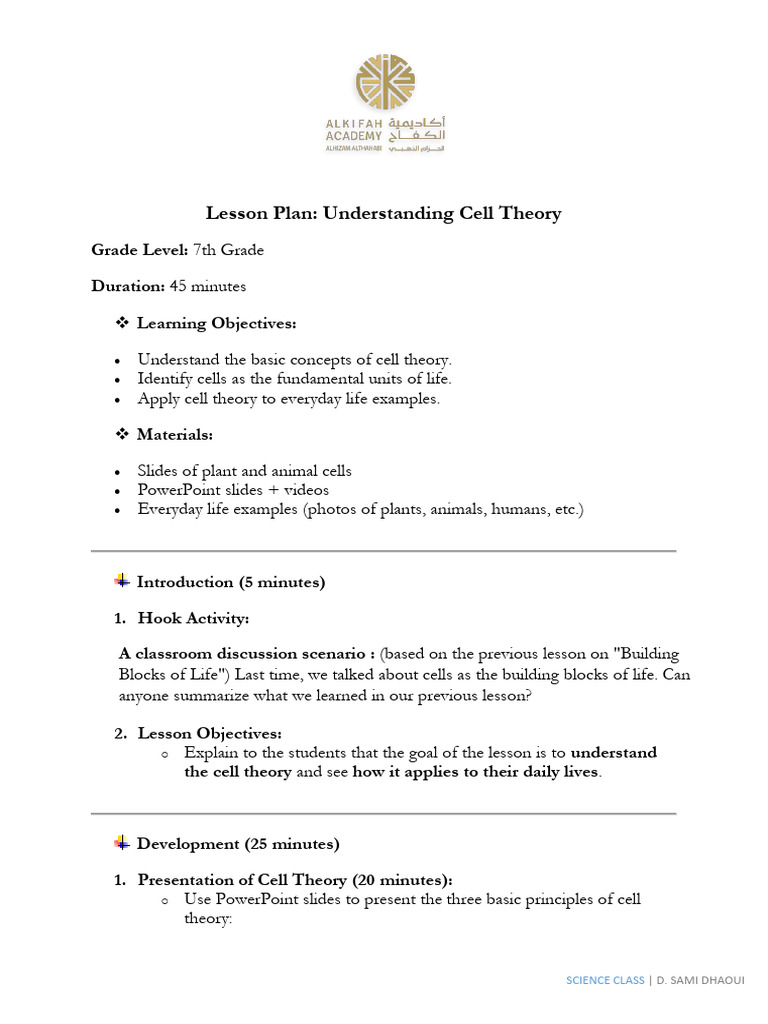 Lesson Plan - Grade 7 - The Cell Theory | PDF