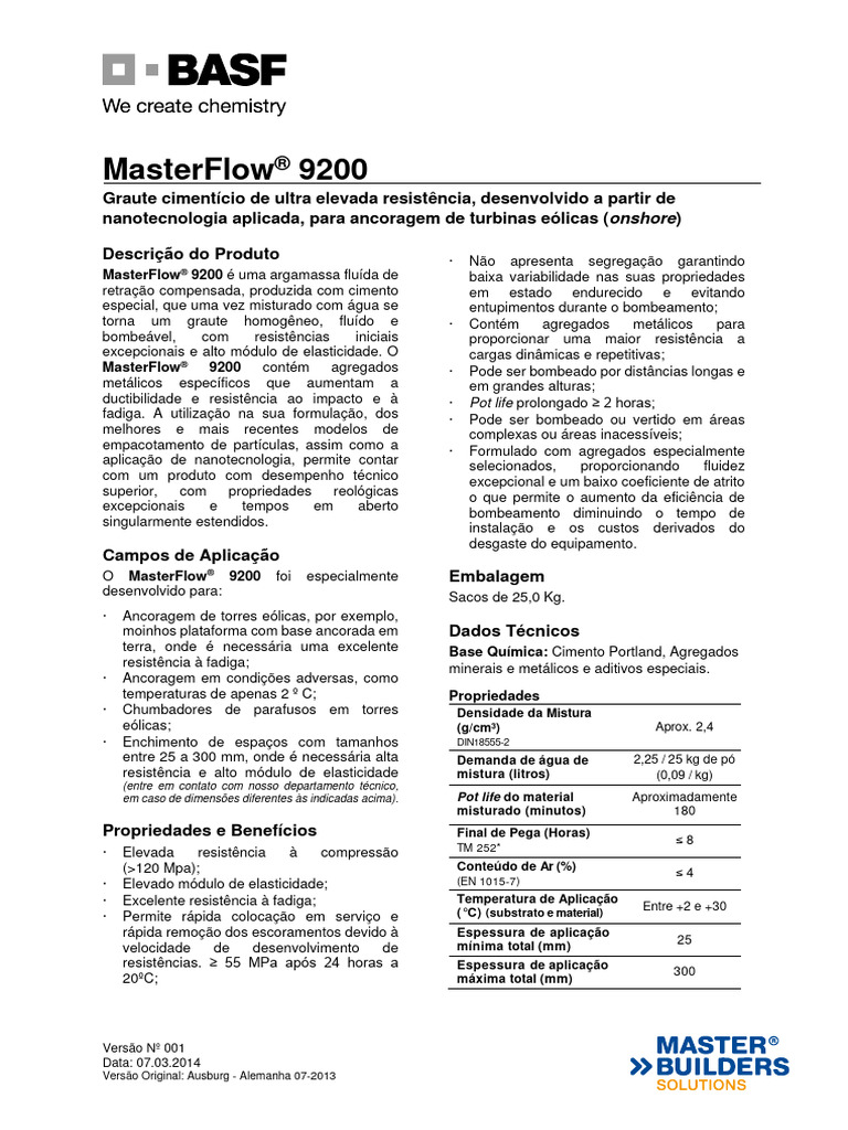 33ficha Tecnica MasterFlow 9200 | PDF | Cimento | Argamassa (alvenaria)