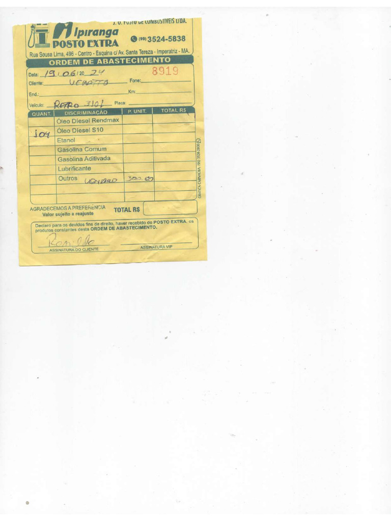 Ordem de Abastecimento (Retroescavadeira CAT-03) Do Posto Extra ...