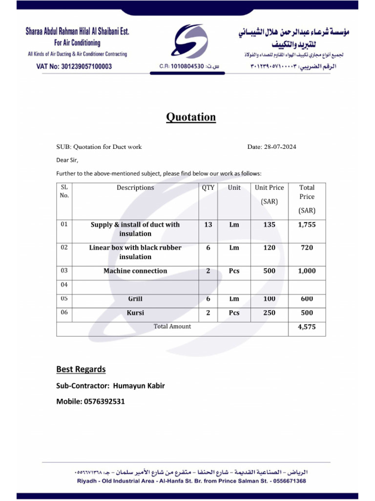Duct Quotation Sharaa | PDF