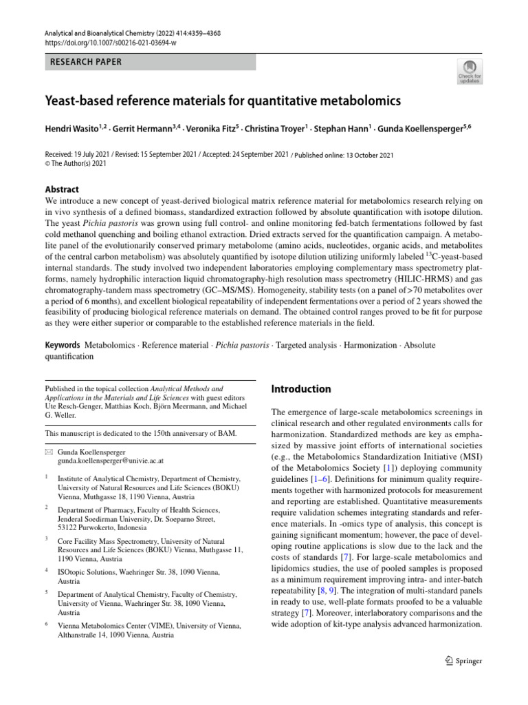 Yeast Based Reference Materials For Quantitative Metabolomics | PDF | Metabolomics | High ...