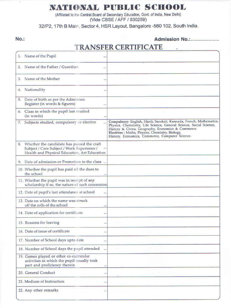 Sample Copy of Transfer Certificate | PDF