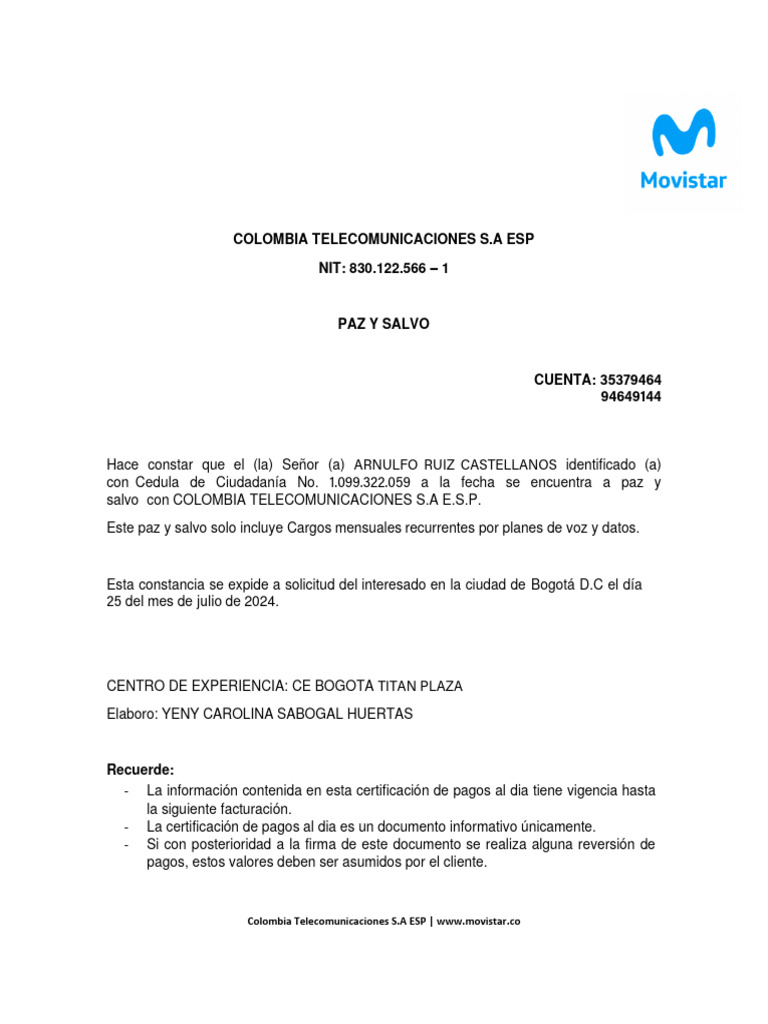 Paz y Salvo Movistar | PDF