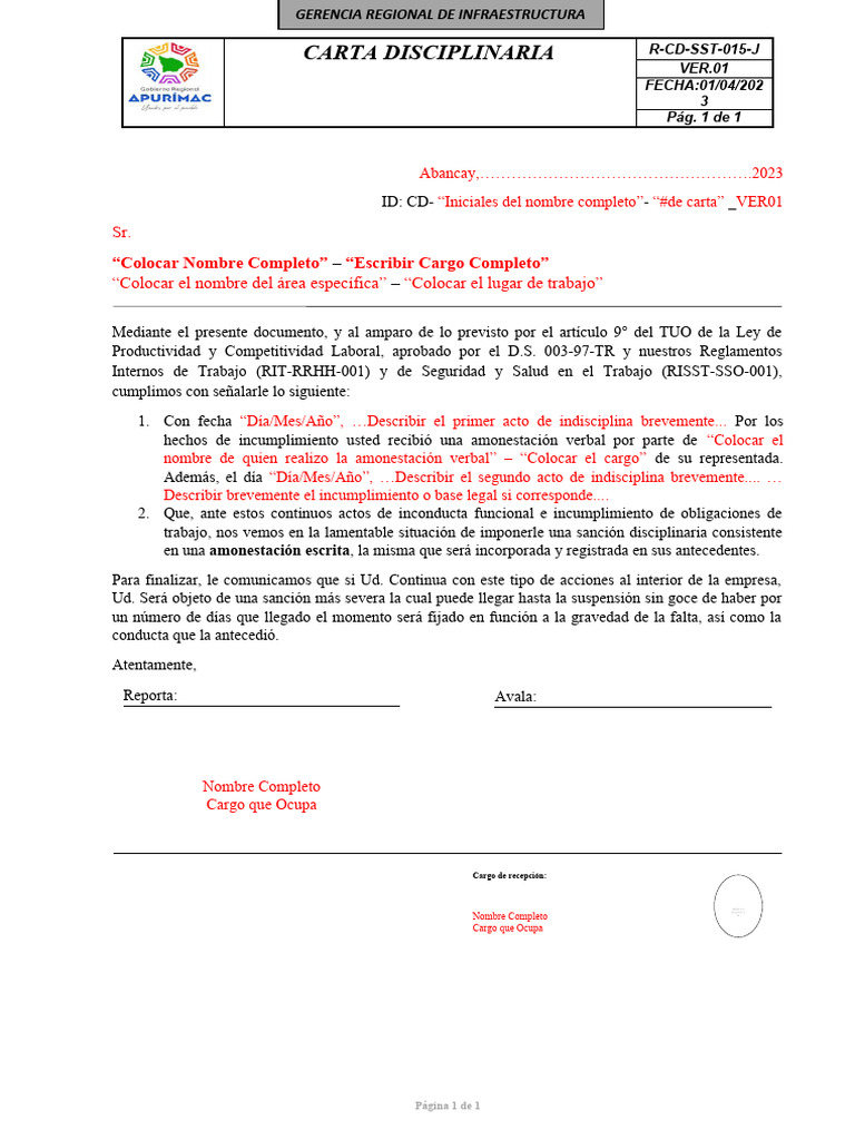 Carta Disciplinaria de Amonestación Laboral | PDF