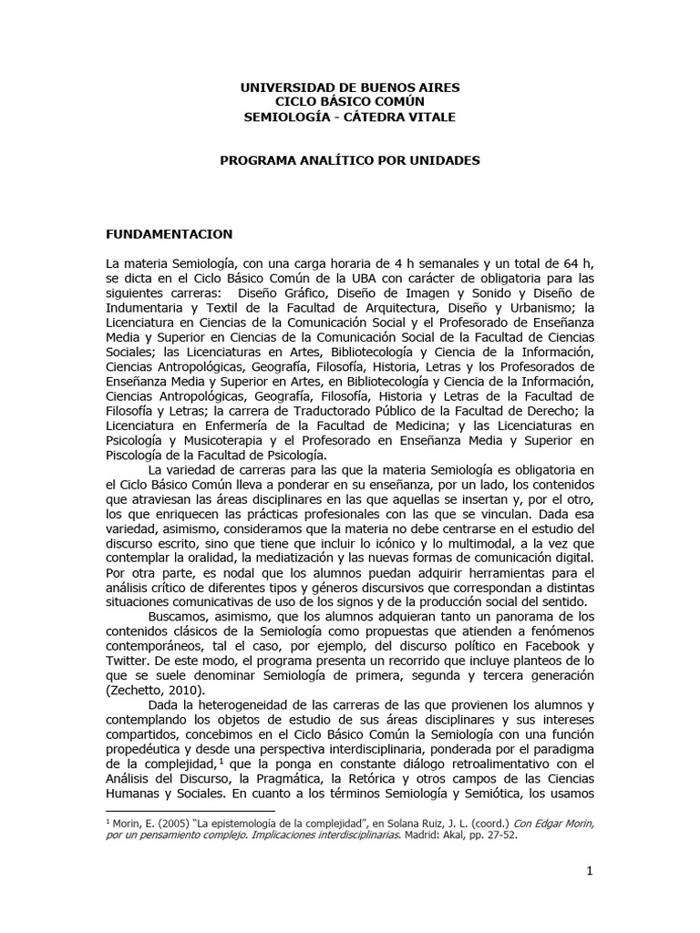 PROGRAMA SEMIOLOG-A C-Tedra Vitale | PDF | Semiótica | Lingüística