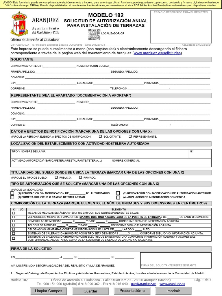 Modelo 182: Solicitud de Autorización Anual para Instalación de Terrazas | PDF | Hogar ...