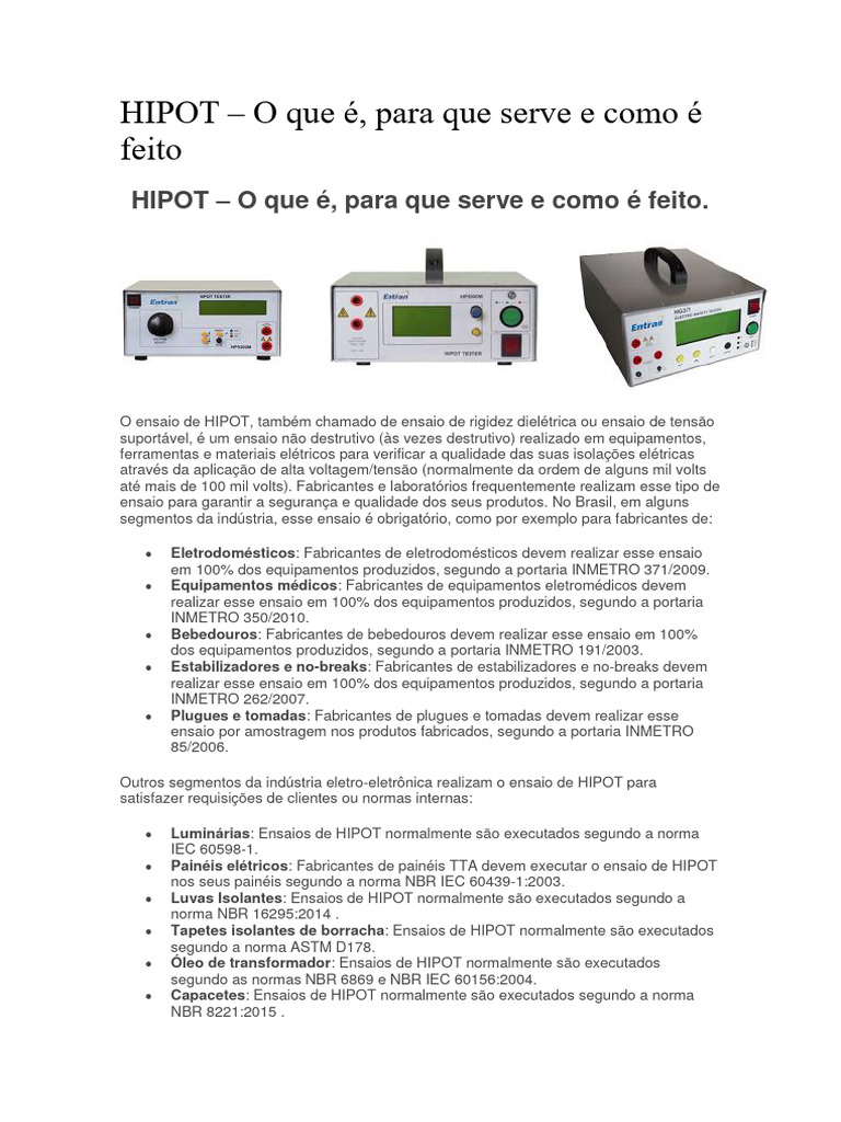 HIPOT - O Que É, para Que Serve e Como É Feito-1 1 | PDF | Eletricidade | Tomadas elétricas