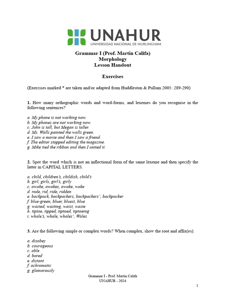 Students 2024 Morphology - Handout | PDF | Morphology (Linguistics) | Word
