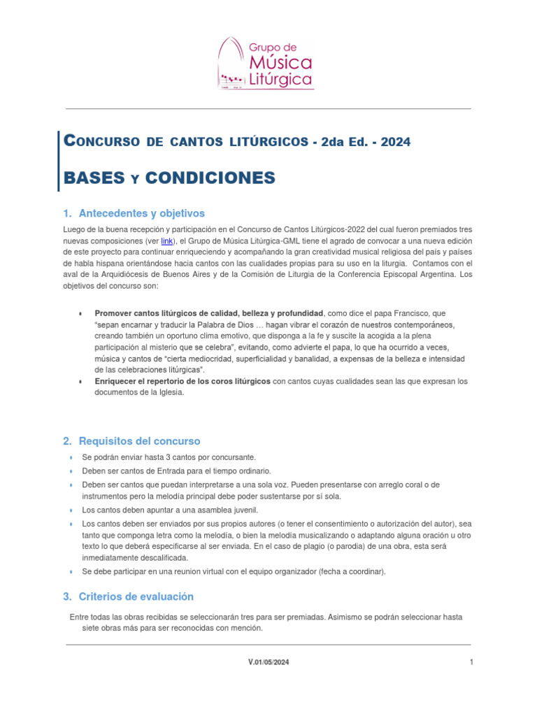 Bases y Condiciones - Concurso de Cantos Litúrgicos GML 2024 | PDF ... Bases y Condiciones - Concurso de Cantos Litúrgicos GML 2024 | PDF ...