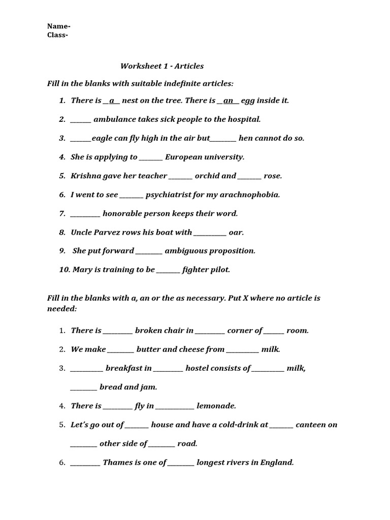 Indefinite and Definite Articles Worksheet | PDF | Foreign Language Studies