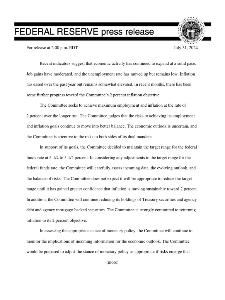 Fed Statement July 31, 2024 | PDF | Federal Reserve | Inflation