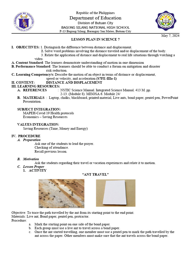 Lesson Plan Distance and Displacement | PDF | Distance | Learning