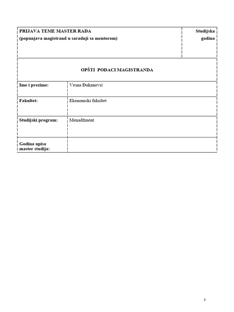 Prijava Teme Master Rada (Popunjava Magistrand U Saradnji Sa Mentorom) Studijska Godina | PDF