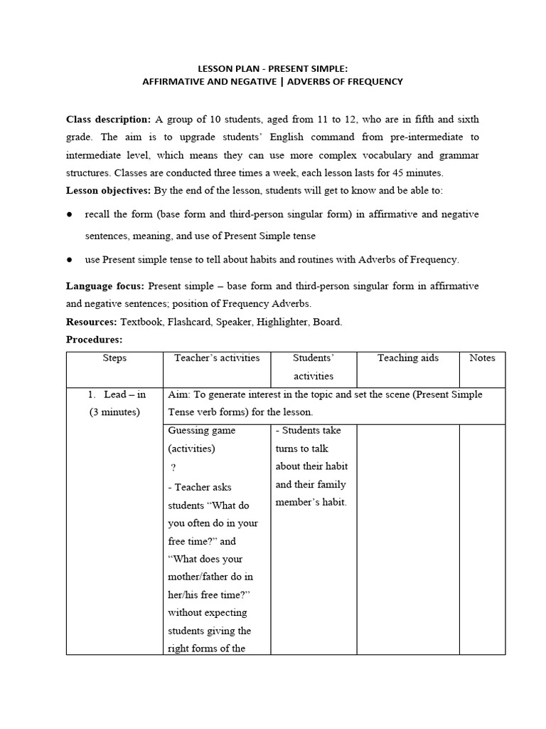 (Ha Vy) Grammar Lesson Plan - Present Simple | PDF | Verb | Grammatical ...
