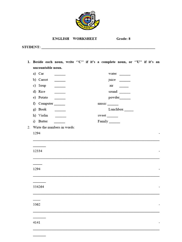 Grade 8 English Noun and Number Worksheet | PDF | Cuisine | Food And Drink