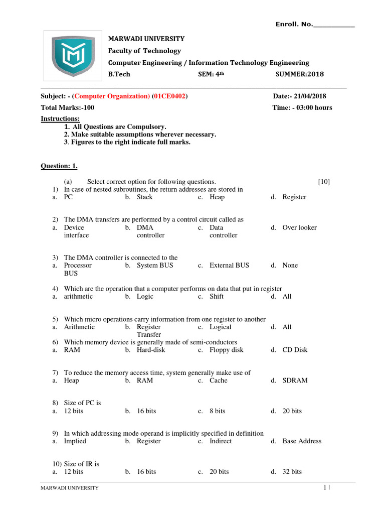Computer Organization) 01CE0402: Enroll. No. | PDF | Bit | Random Access Memory
