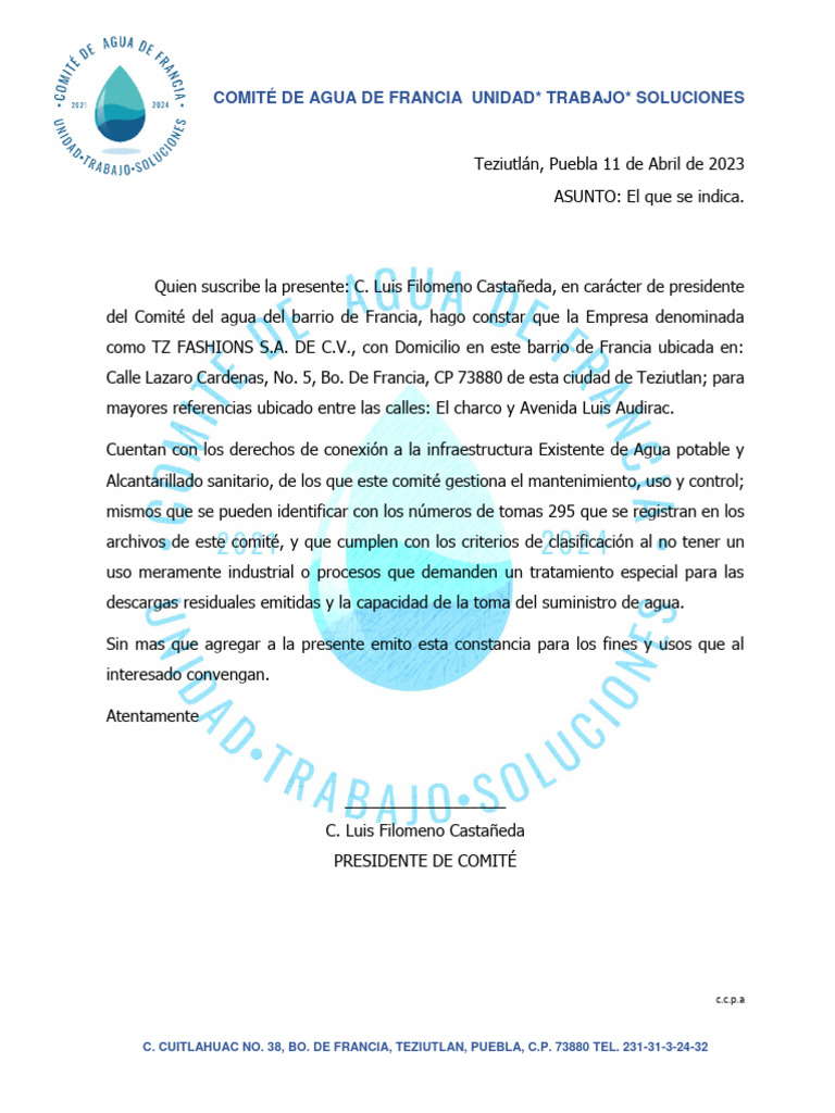 Constancia Agua | PDF