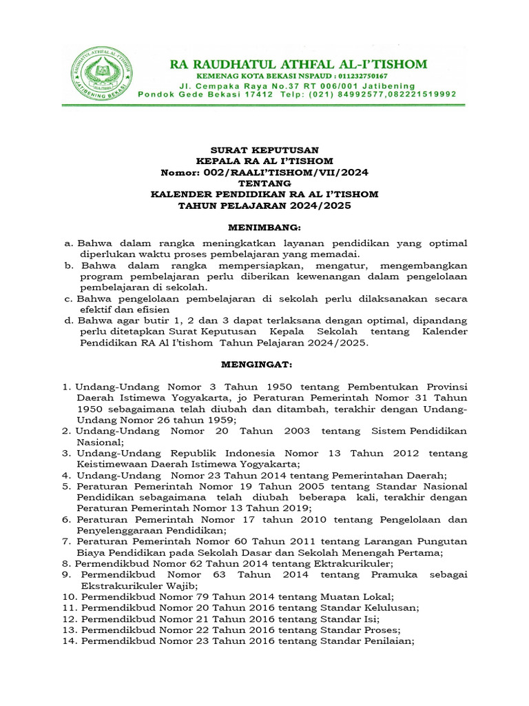 Sk Penetapan Kalender Pendidikan Sekolah Pdf