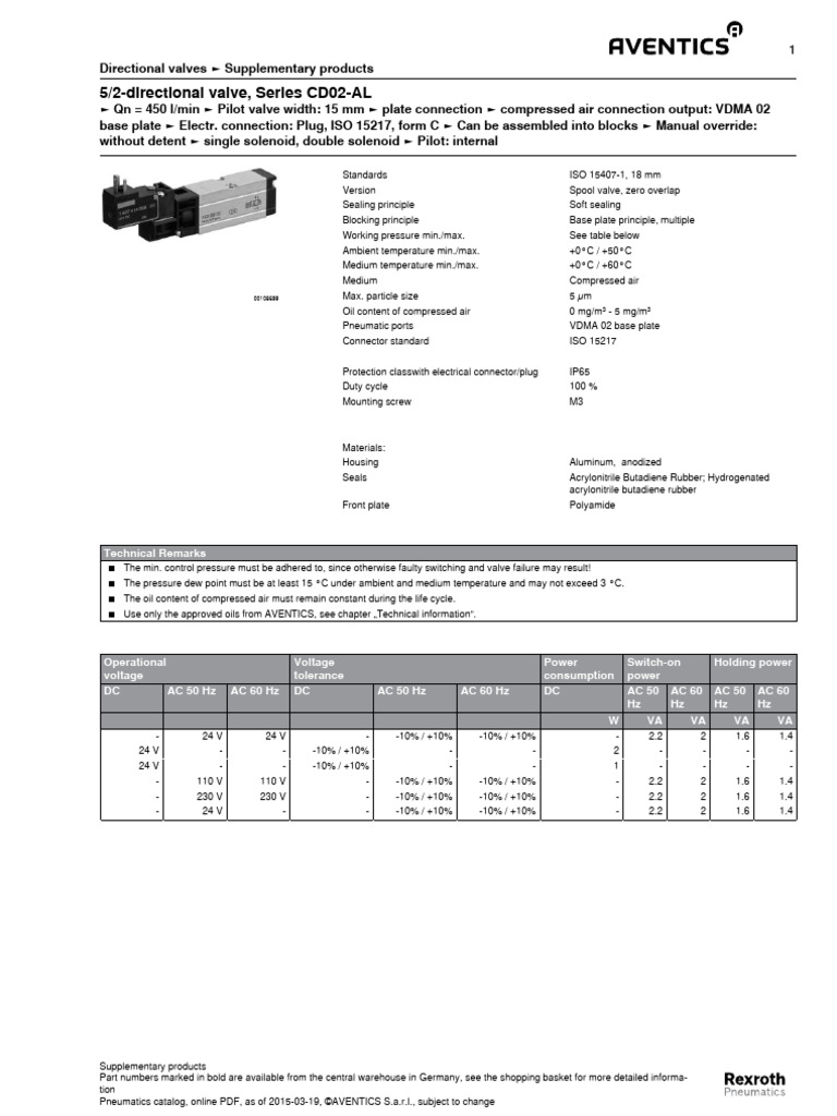 5/2-Directional Valve, Series CD02-AL: Technical Remarks | PDF | Valve | Alternating Current